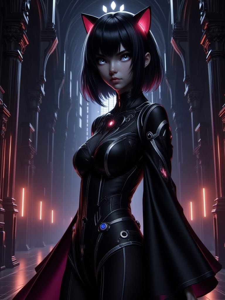 A classic victorian style pale skinned cat-eared woman with mid length ...