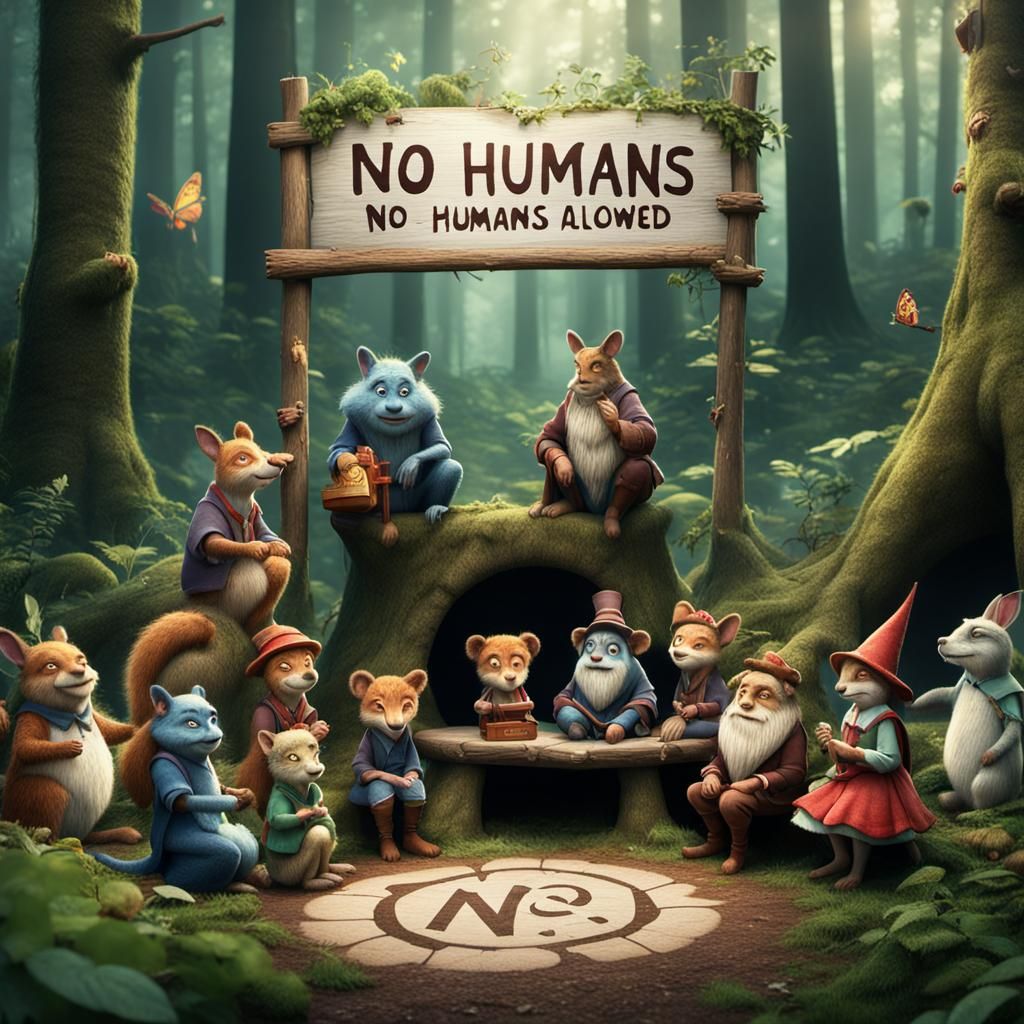 All fairytale characters sit around a sign in the forest that says "no ...