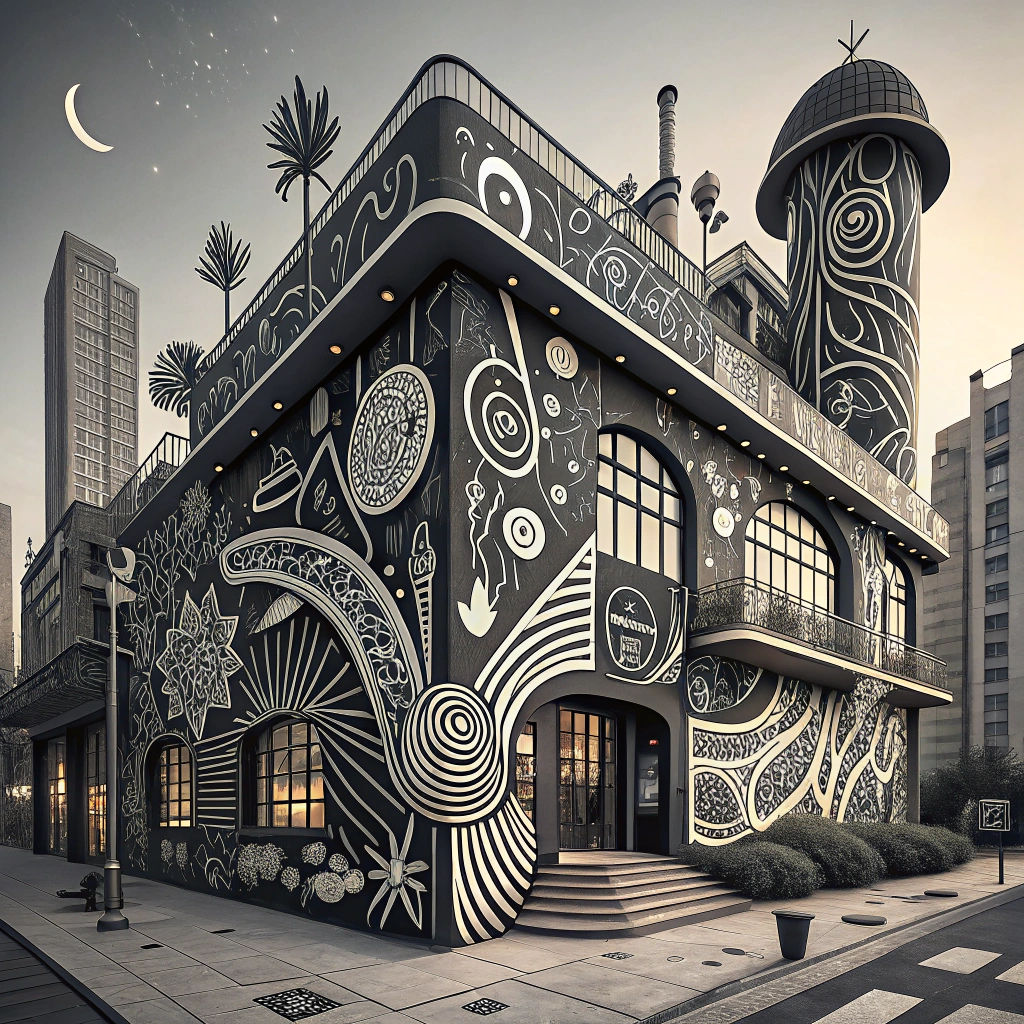 Cyberpunk Lateral Building in Whimsical Black and ... - AI Art