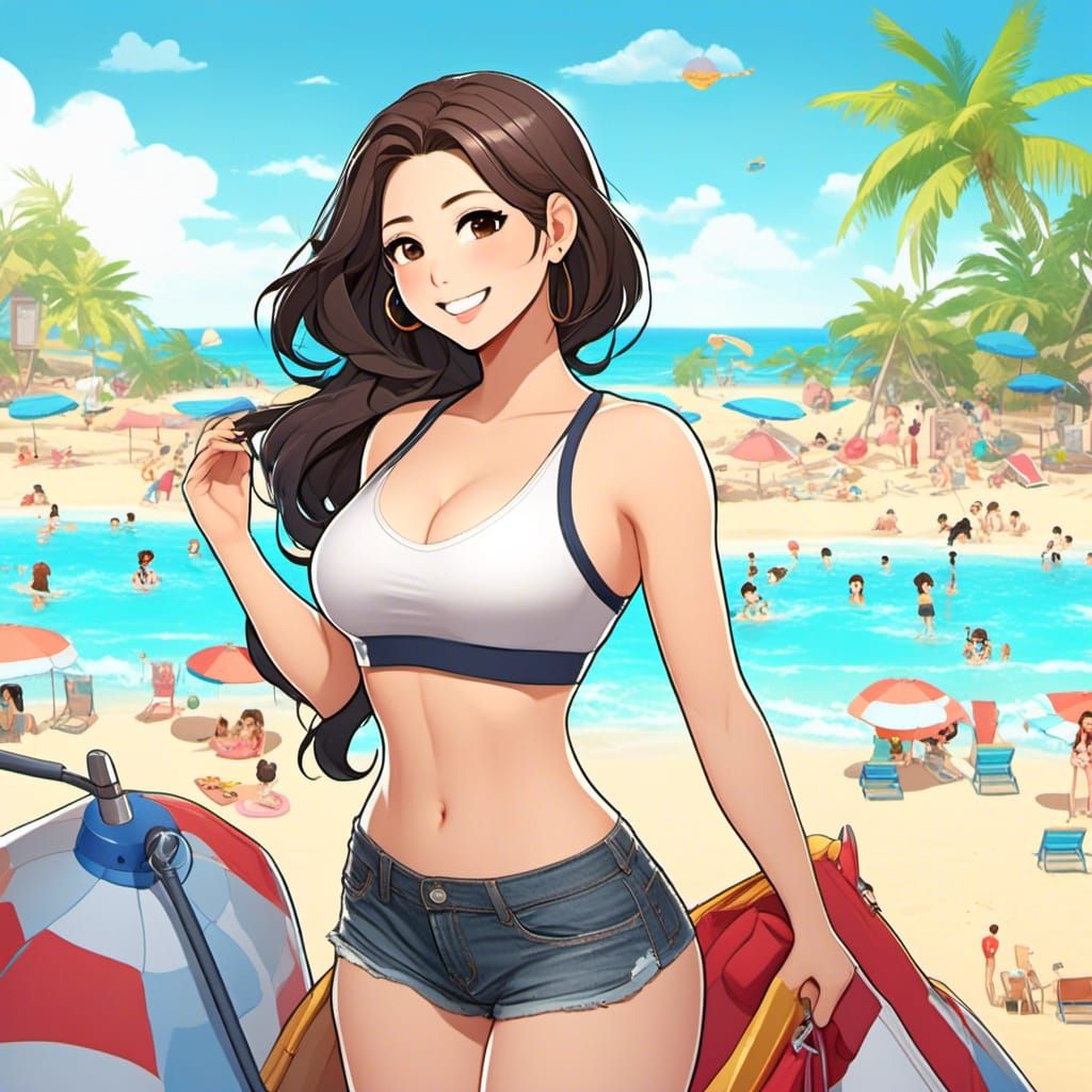 a woman standing on top of a beach next to the ocean, inspired by Kim Jeong-hui, pixiv, wearing ...