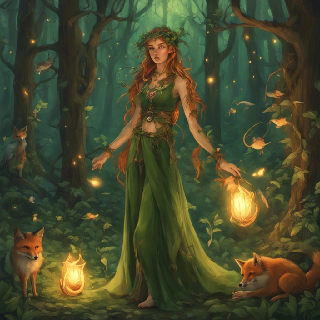 A gorgeous half wood elf Druid in a beautiful forest lit up with fire ...