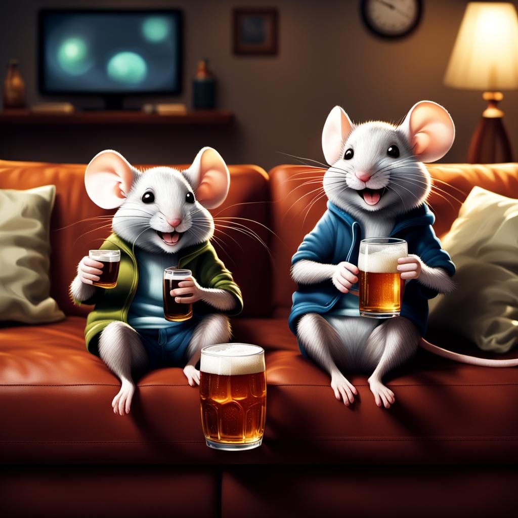 Two mice, best friends, laughing, sitting on a sofa like people ...