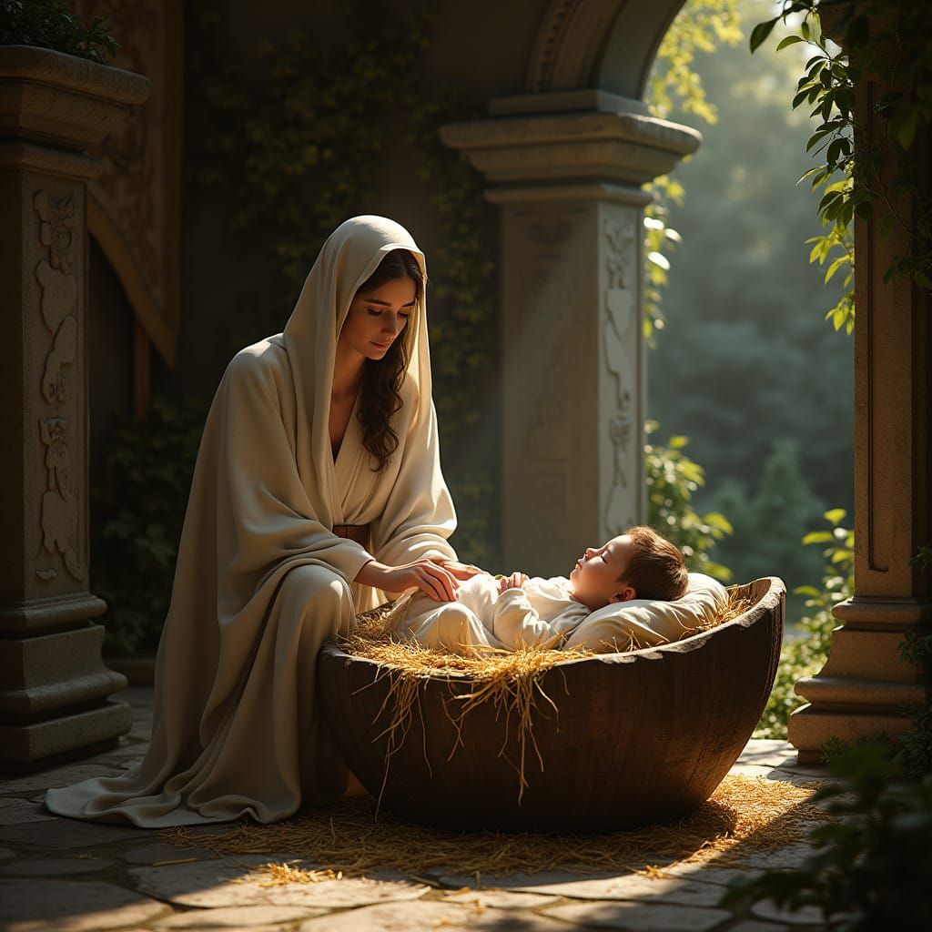 Serene Virgin Mary Beside Sleeping Jesus in Rustic... - AI Art