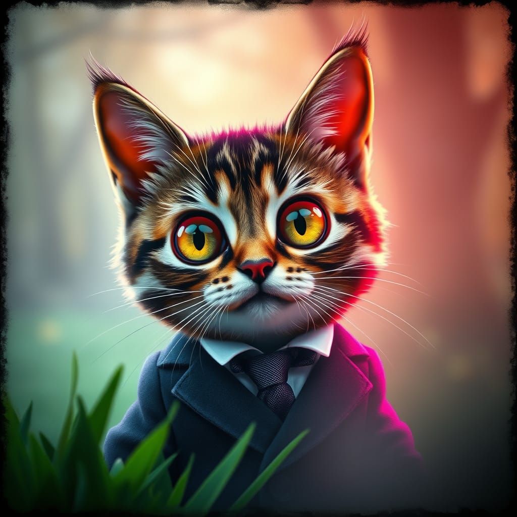 Chibi Tom Cat in a Dapper Suit, Peering into a Mys... - AI Art