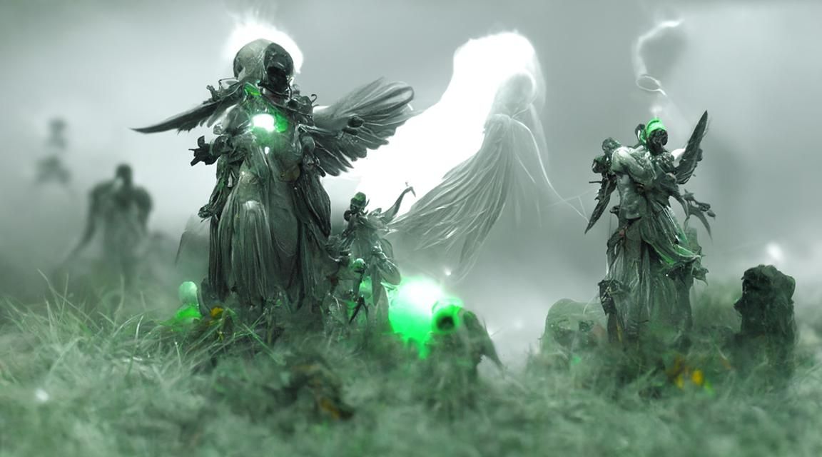 Ominous Ghostly white and green luminous dark angel of death standing ...