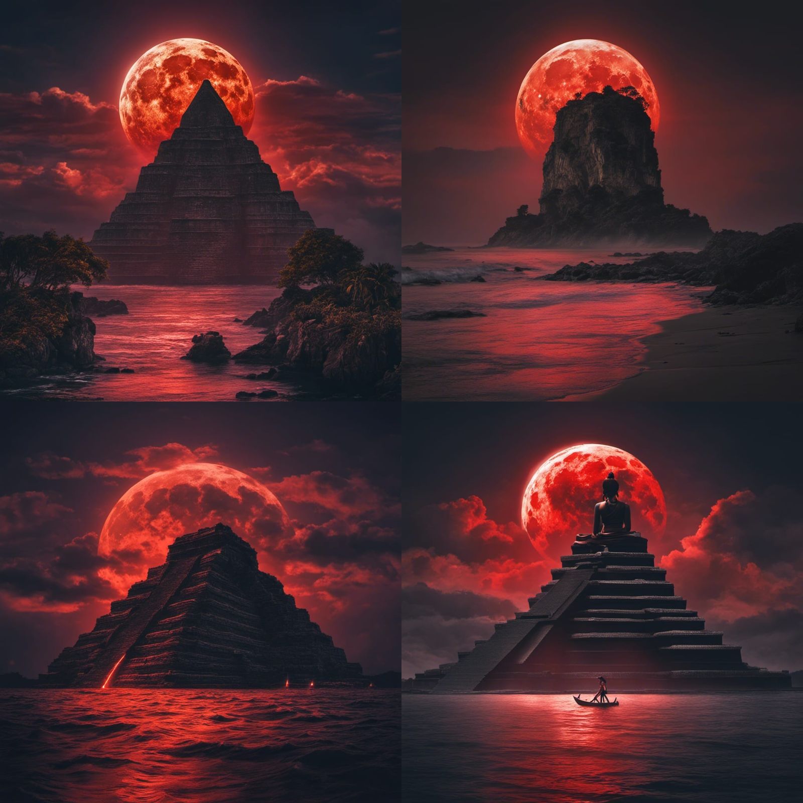 Huge beautiful red mayan moon rising over a calm ocean, Epic cinematic ...