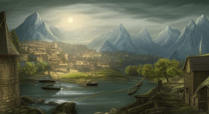 beautiful map of medieval town and surrounding wilderness; Tolkien ...