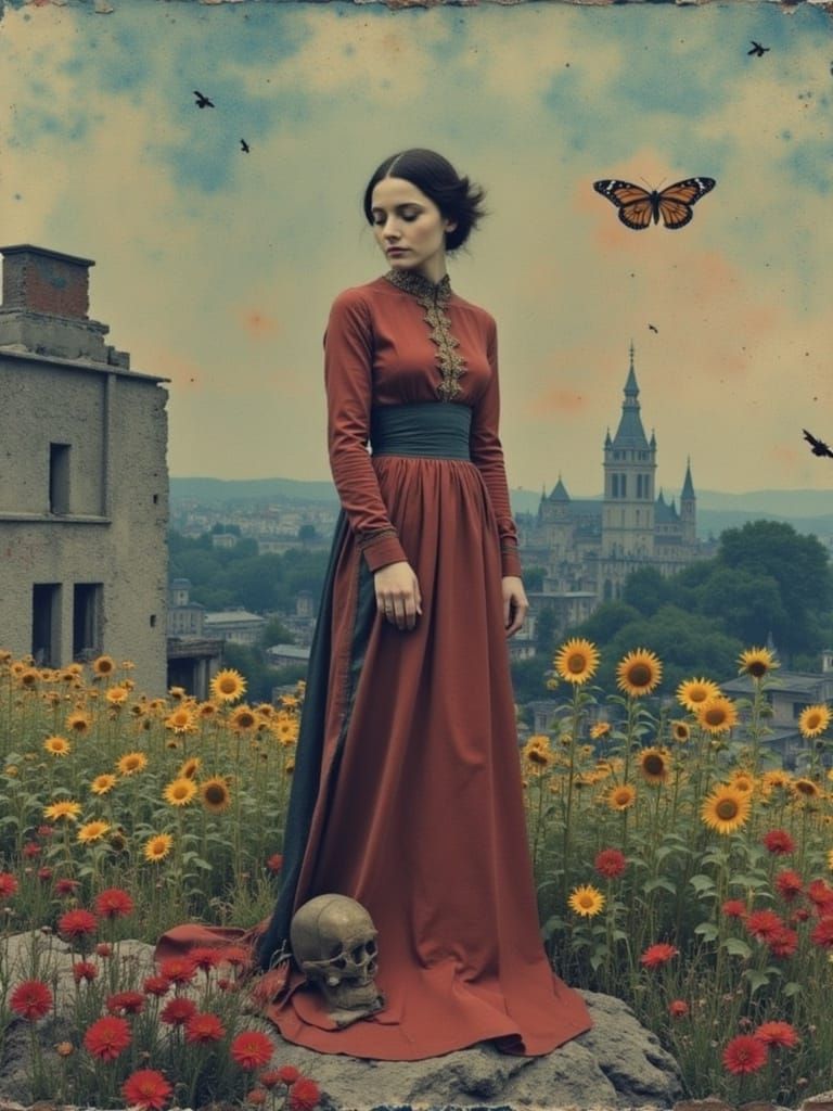 Dystopian Handmaid with Sunflowers: Psychedelic Ge... - AI Art