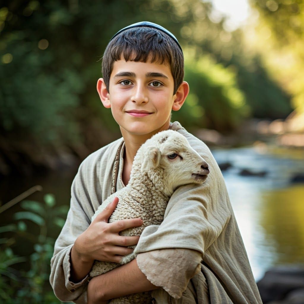 Handsome Hebrew Shepherd Boy with Lamb in Serene L... - AI Art
