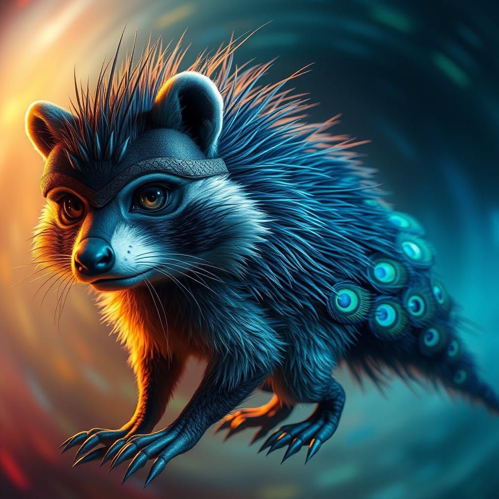 A unique creature with a raccoon face, a hedgehog body, webbed feet and ...
