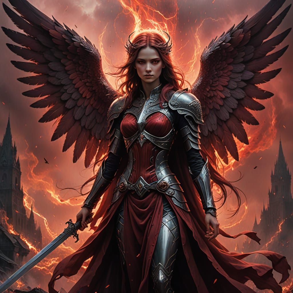 Ethereal Angel Descends in Crimson Haze - AI Art