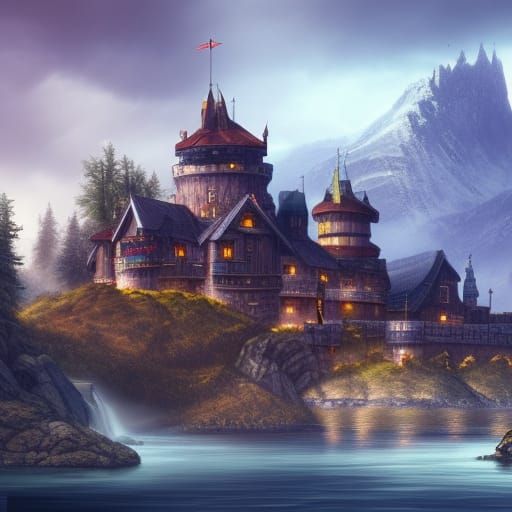 Big cozy castle with knights on taiga mountains behind the river - AI ...