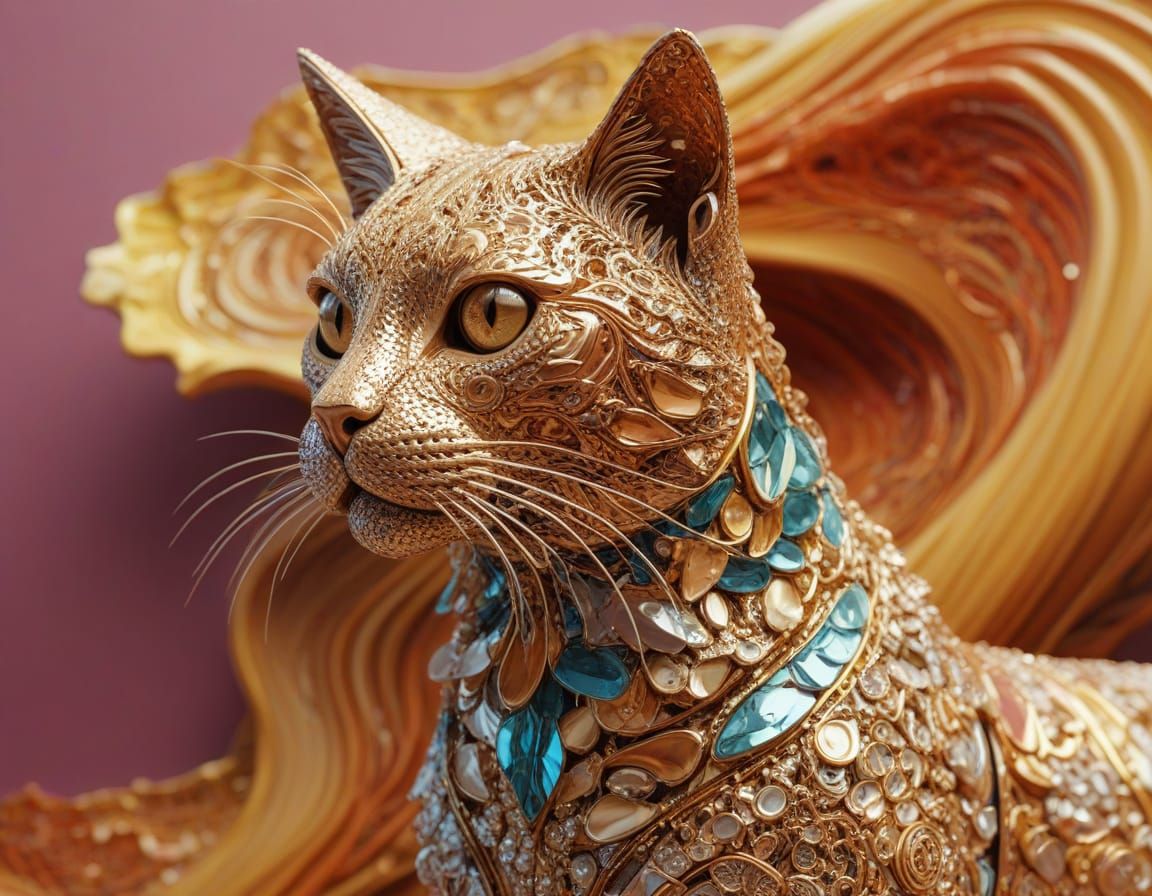 Golden Sequins Cat Statue in Vibrant, Dreamlike Li... - AI Art