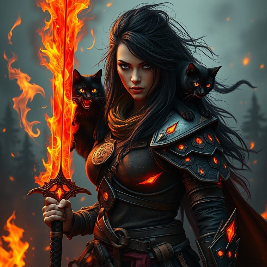 A fierce fire warrior woman with long, messy black hair, wearing flame ...