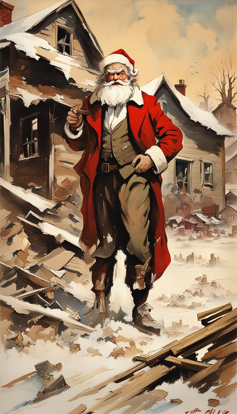 Santa Claus in a Desolate, Post-Apocalyptic Villag... - AI Art