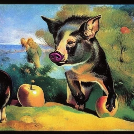 A pig with a fox stands under an apple tree and says: "Oh, those apples ...