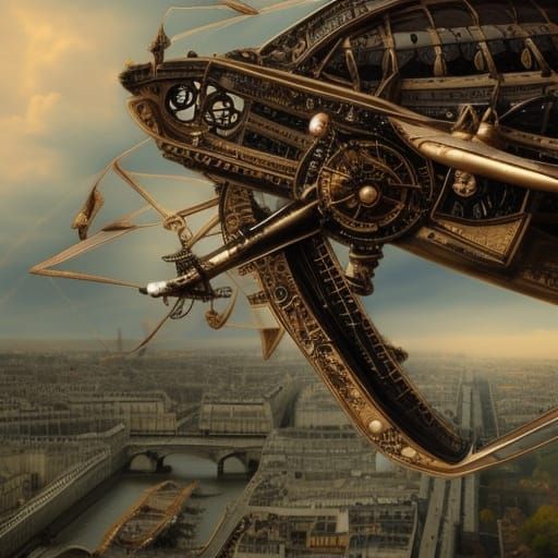 Steampunk flying machine in Paris - AI Generated Artwork - NightCafe Creator