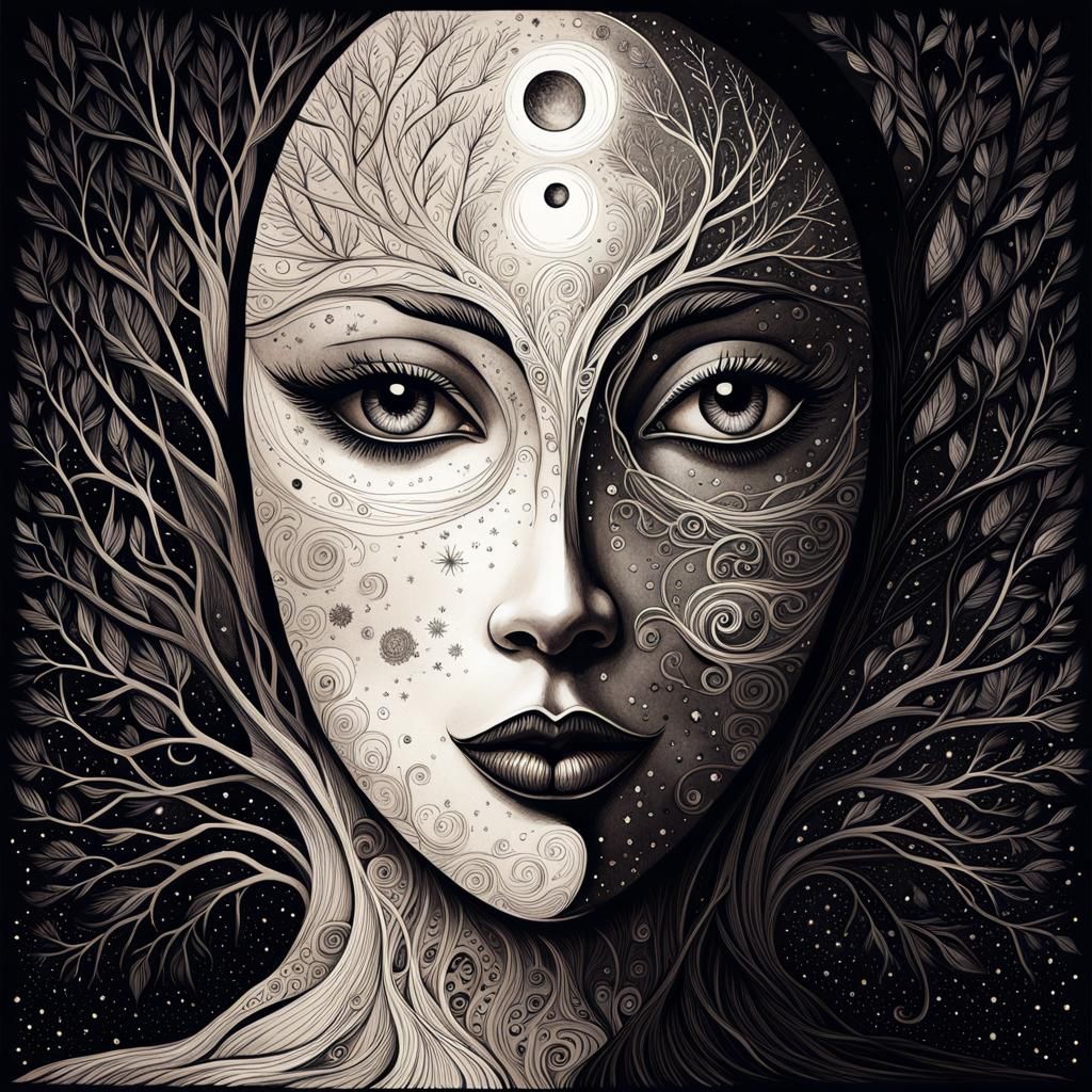 Insanely detailed ink drawing of the moon in the starry night sky as ...