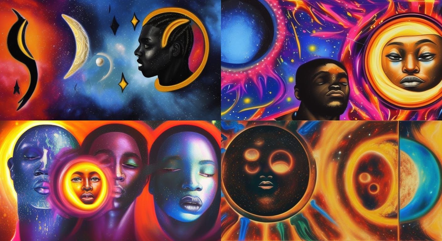 depiction of the sun, moon and stars and modern Black men and women ...