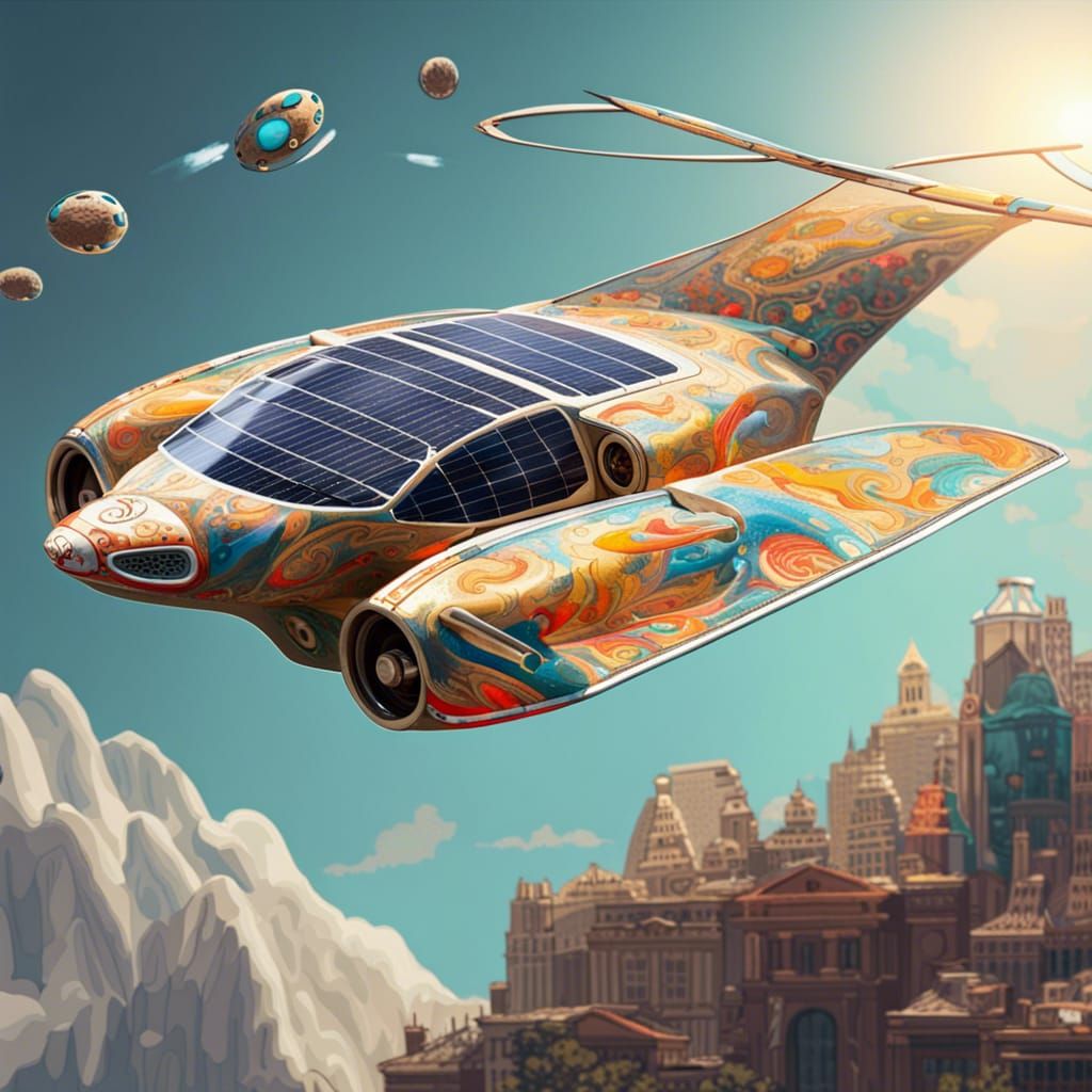 a flying car that is covered in beautiful artwork, from different ...