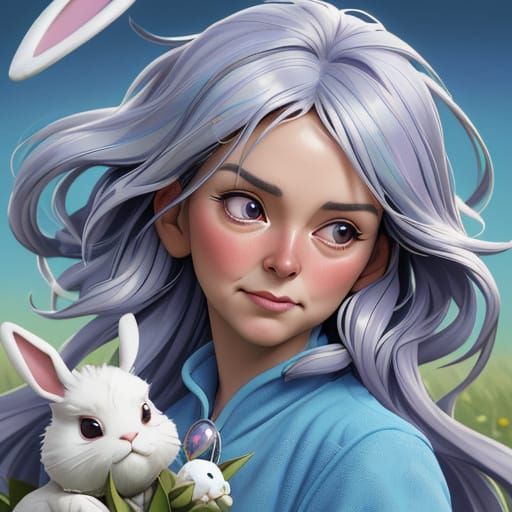 Realistic funny caricature image of old joyful granny wearing a rabbit ...