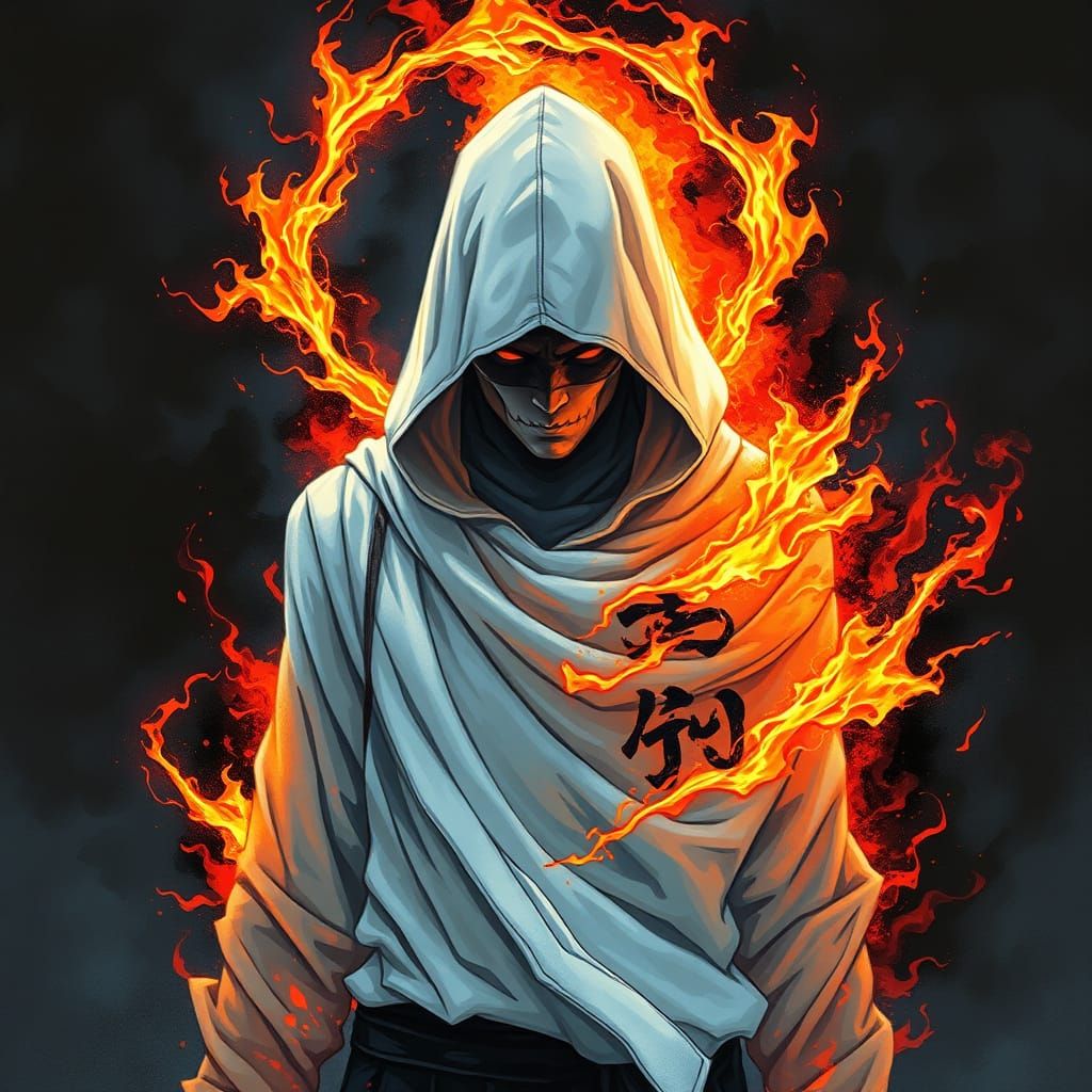 Dark Fantasy Anime Ninja Enveloped by Flames - AI Art