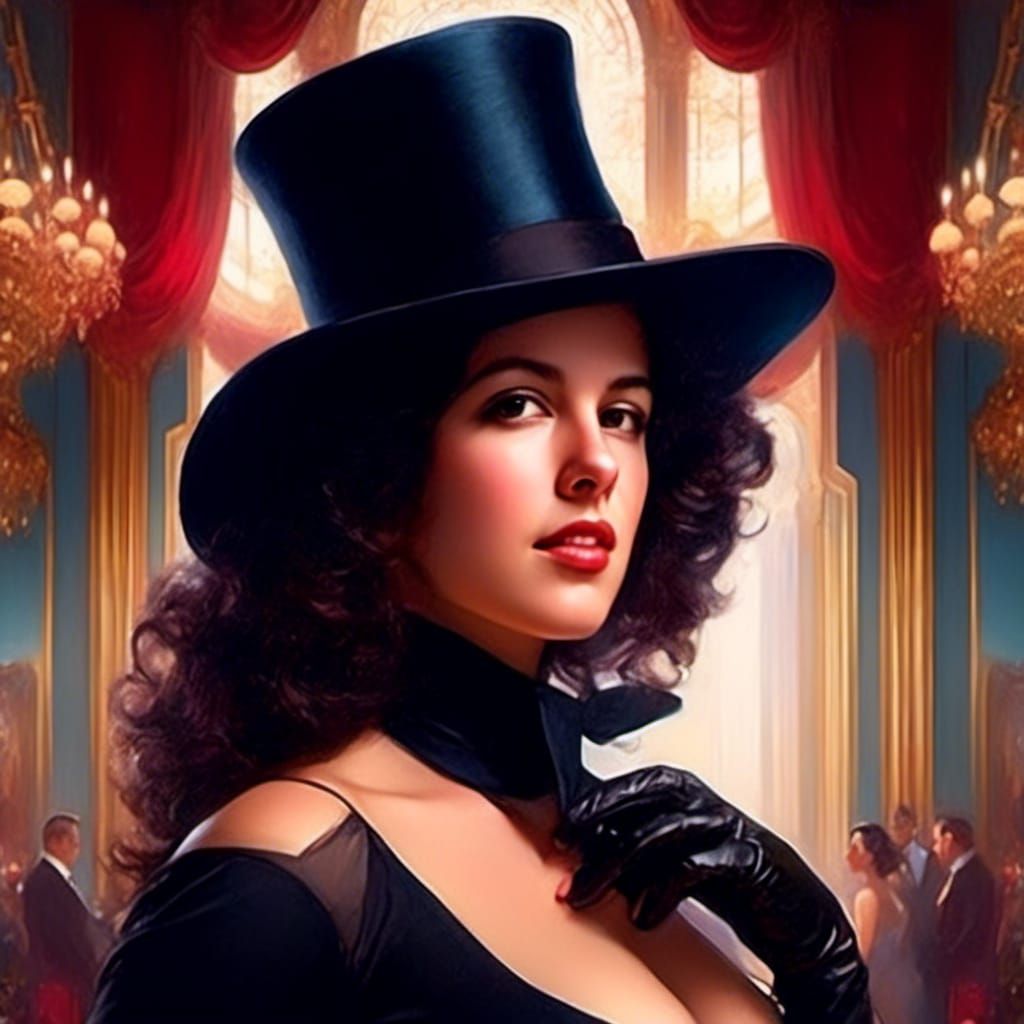 Portrait of a curvy woman wearing a top hat and long gloves in a ...