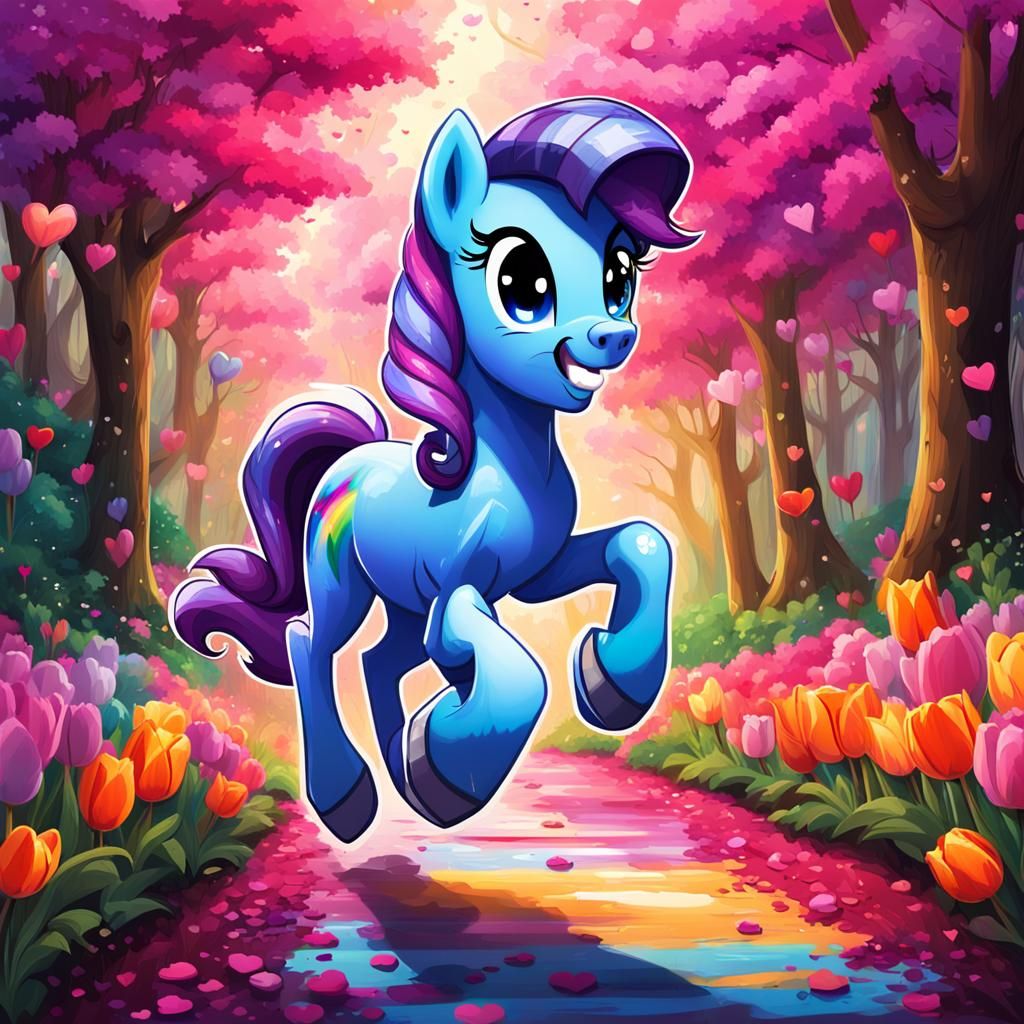 Rarity from "my little pony" running on a path with a rainbow in woods ...