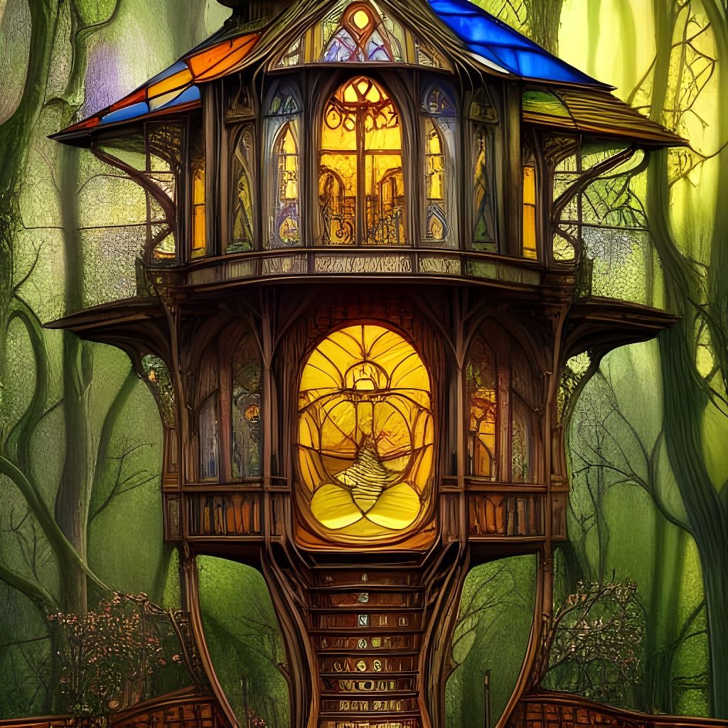 Stained glass treehouse 6 - AI Generated Artwork - NightCafe Creator
