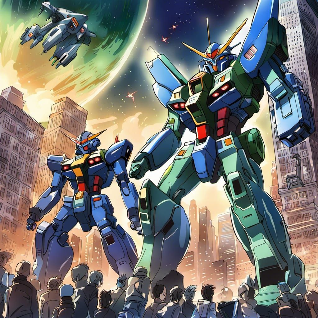 Gundam Mecha defending New York city against aliens spaceships - AI ...