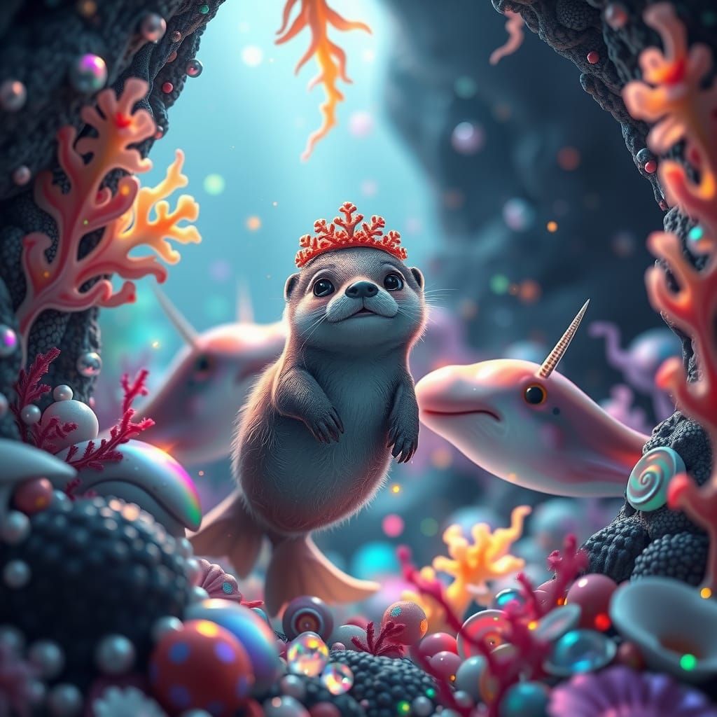 A mermaid-otter playing with narwhals in an underwater grotto full of bioluminescent seaweed and ...