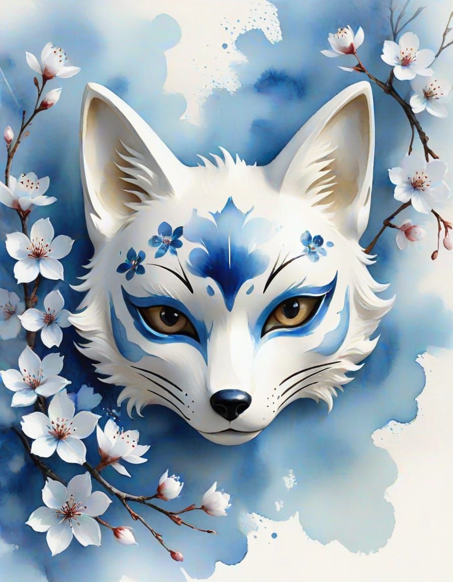 Whimsical Watercolor Fox Mask with Cherry Blossoms - AI Art