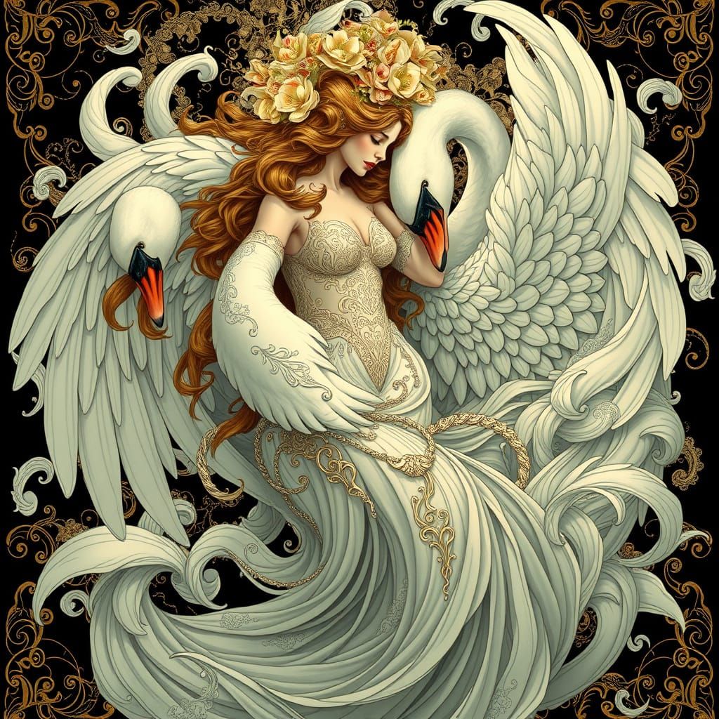 Leda and the Swan, an Art Nouveau Masterpiece in C... - AI Art