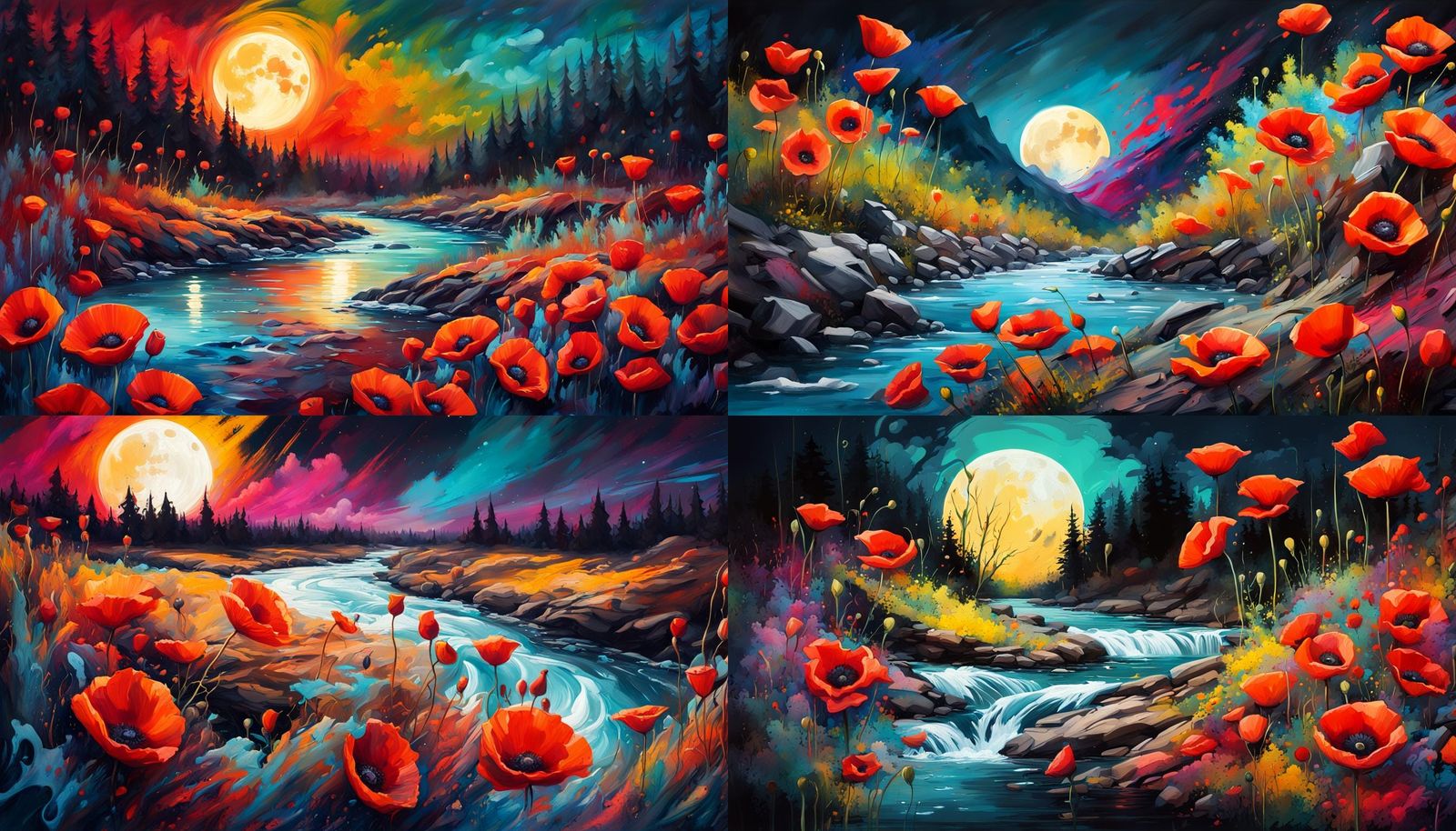 a vivid rushing river with rapids, Vibrant full moon, abstract poppies ...