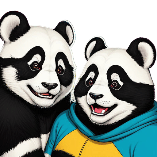 Two cute pandas, smiling and laughing, cartoon illustration.