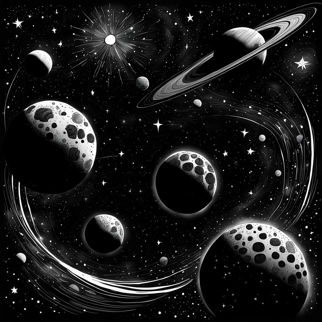 Black and white ink drawing doodle of planets, stars, cosmic sky ...
