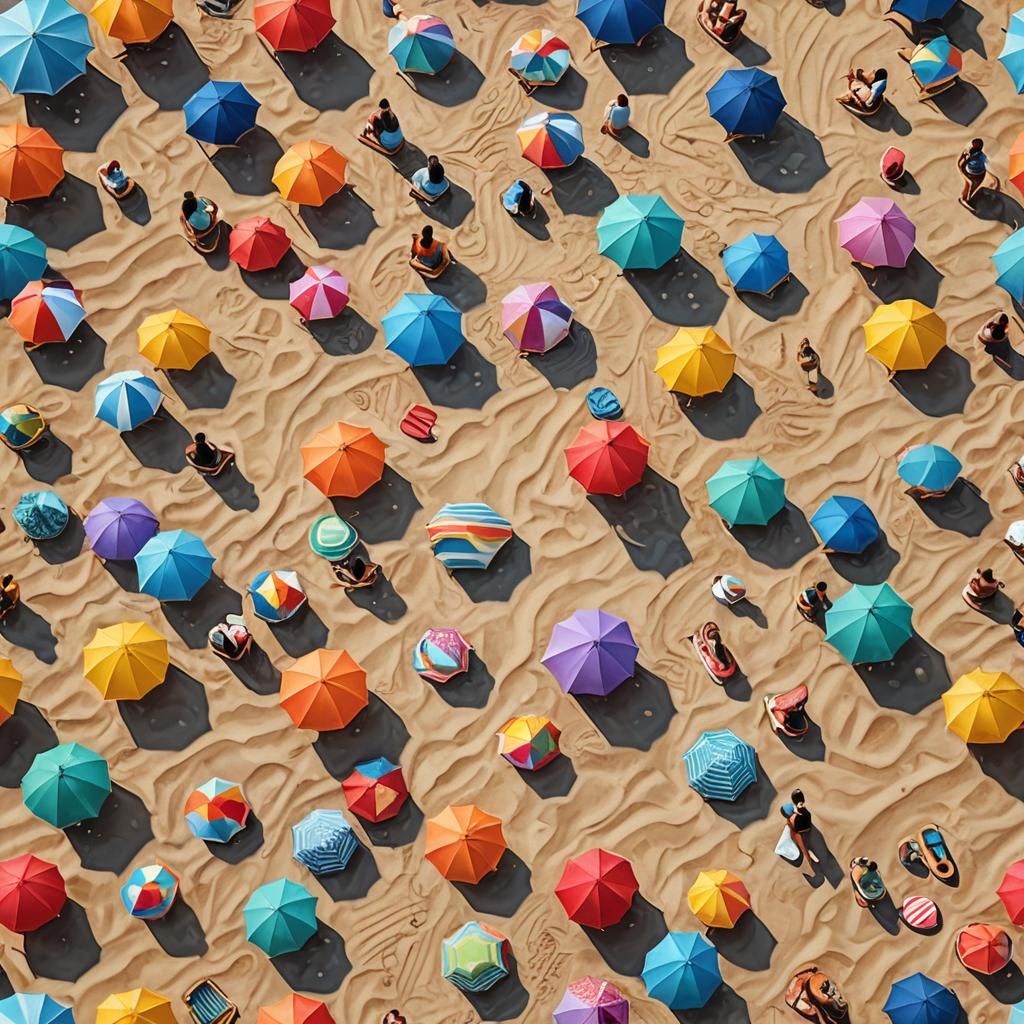 Vibrant Beach Scene with Umbrellas and People - AI Art