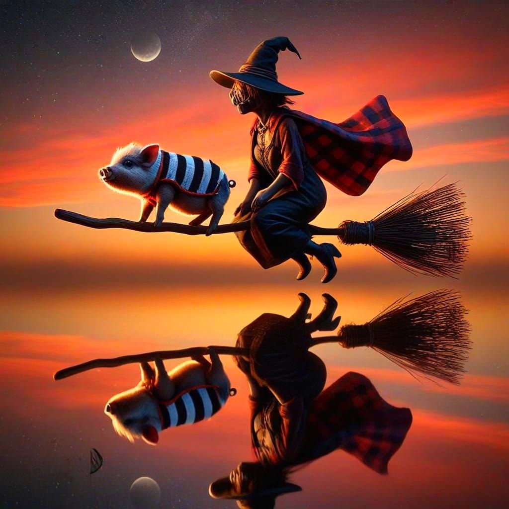 Masterpiece, a cute chimney sweep and a cute mini pig flying on a witch ...