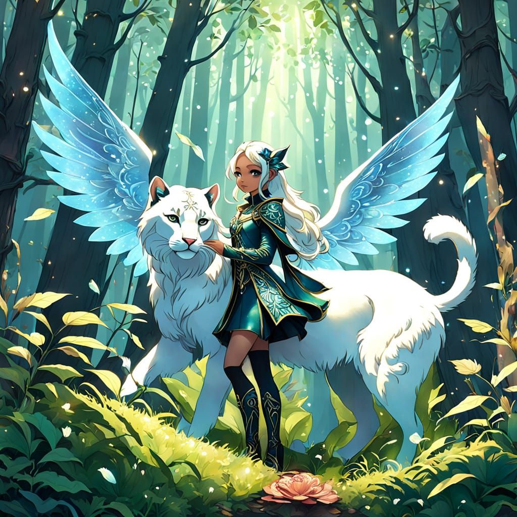 Fey Girl and Majestic White Panther in Enchanted F... - AI Art