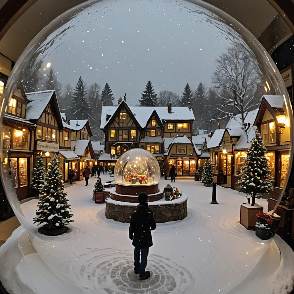 The view from within a snow globe, looking out onto a quaint gift shop ...