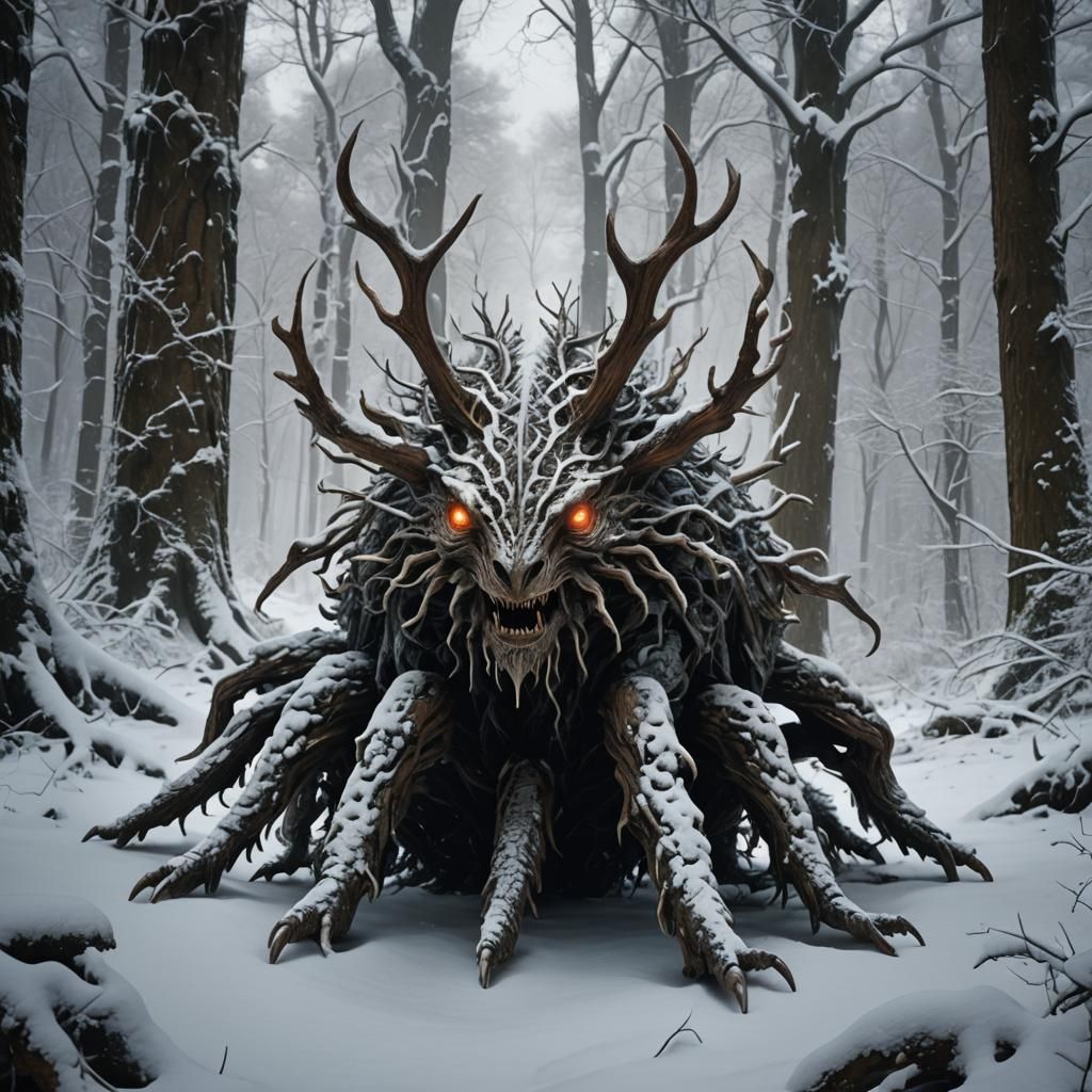 A wood monster in the snow with glowing red eyes - AI Generated Artwork ...