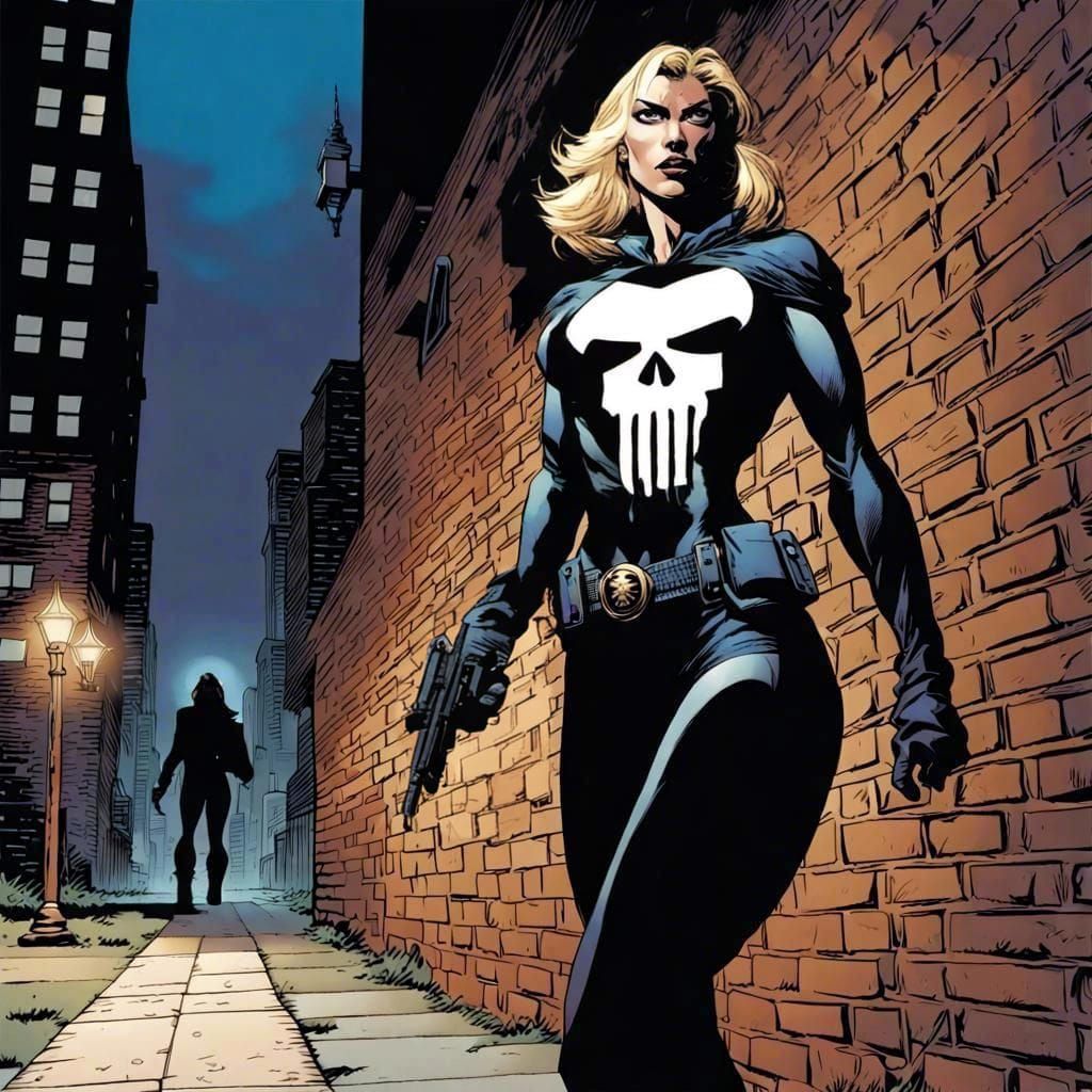 Lynn Michaels, aka "Lady Punisher," searching the dark streets for her ...