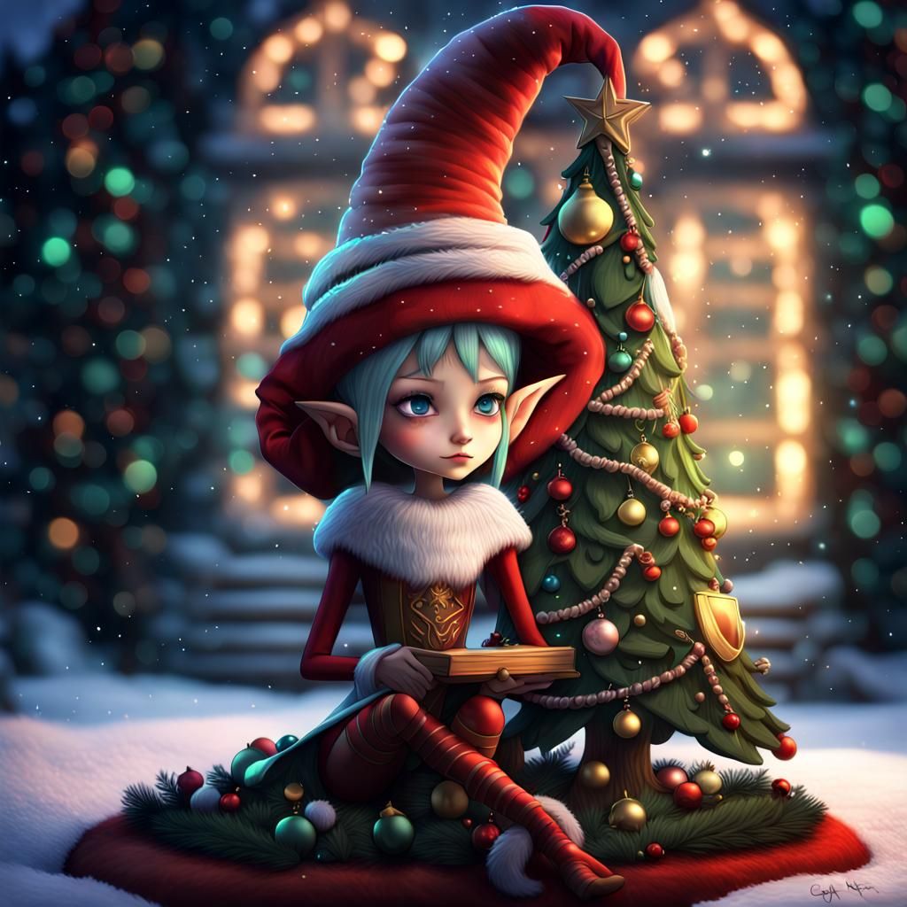 Chrsitmas elf by a decorated christmas tree::dreamlike fantasy-art ...