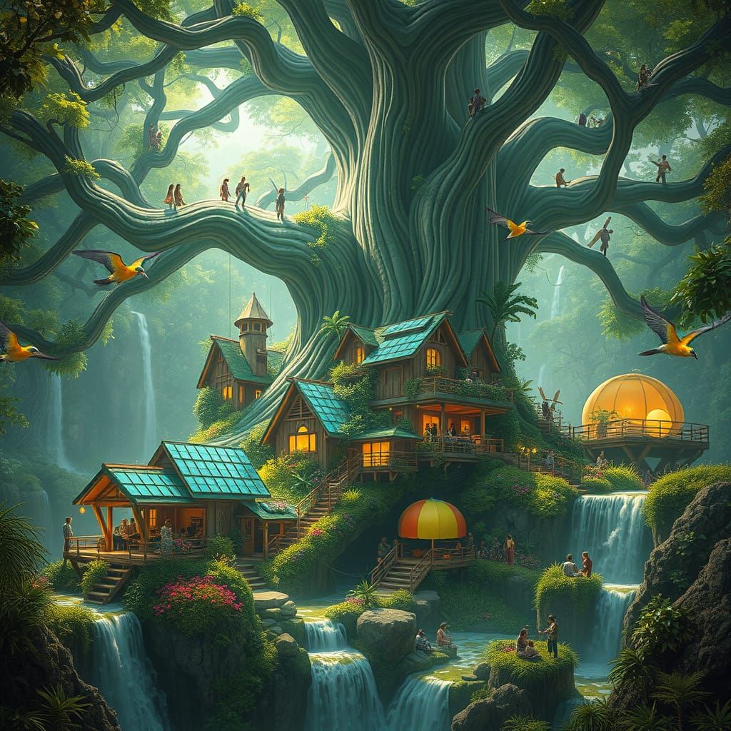 Solarpunk Village in a Bioluminescent Tree - AI Art