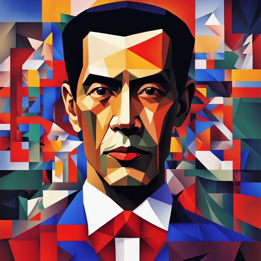 Malevich, Portrait of Joko Widodo, 1913 cubist painting, Neo-Cubism, layered overlapping ...