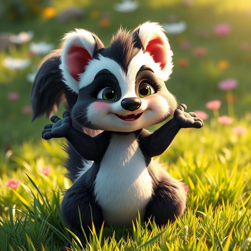 Detailed full body portrait of an adorable happy posing CGI skunk punk ...