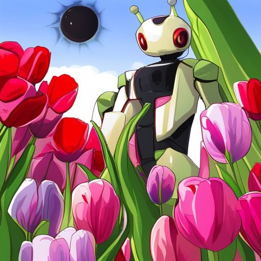 large, colorful robot ladybug lands on the tallest flower in a ...