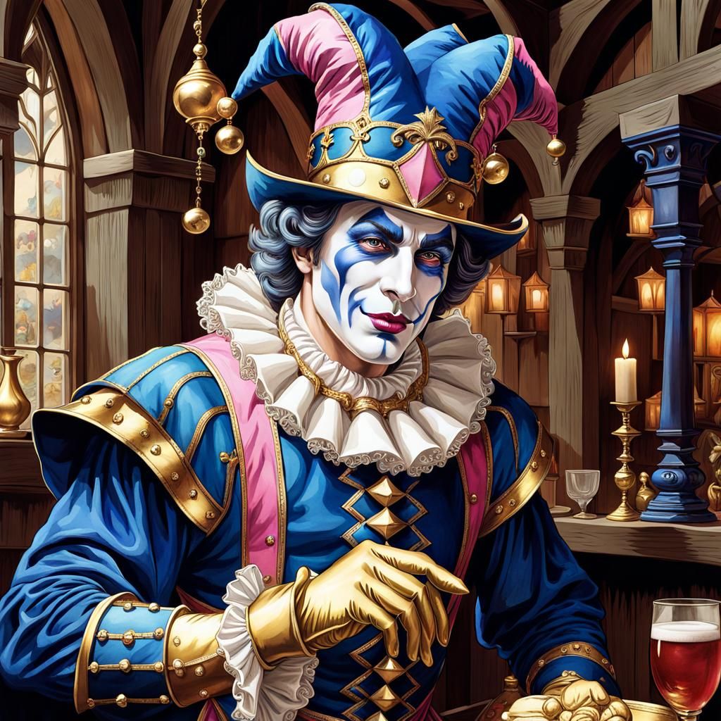 A pink blue and gold male medieval jester [with jesters hat that has ...