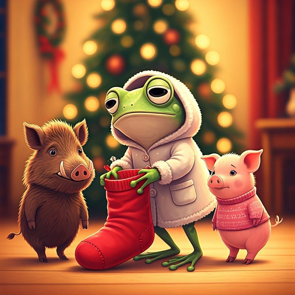Piggy and Apple comfort a sad Froggy on Christmas