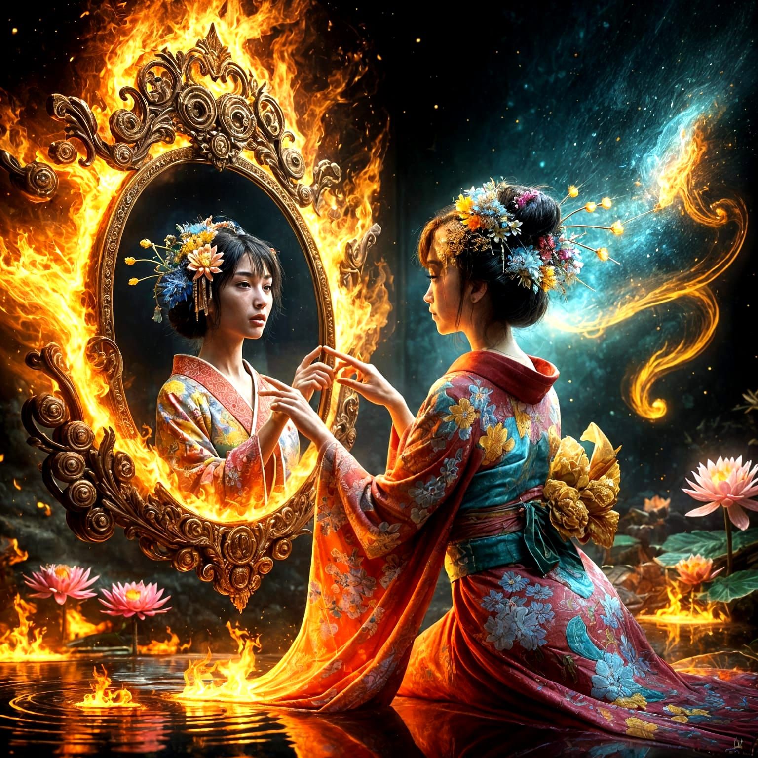 The sorceress gazes into the Magic Fire Mirror and her powers are restored.